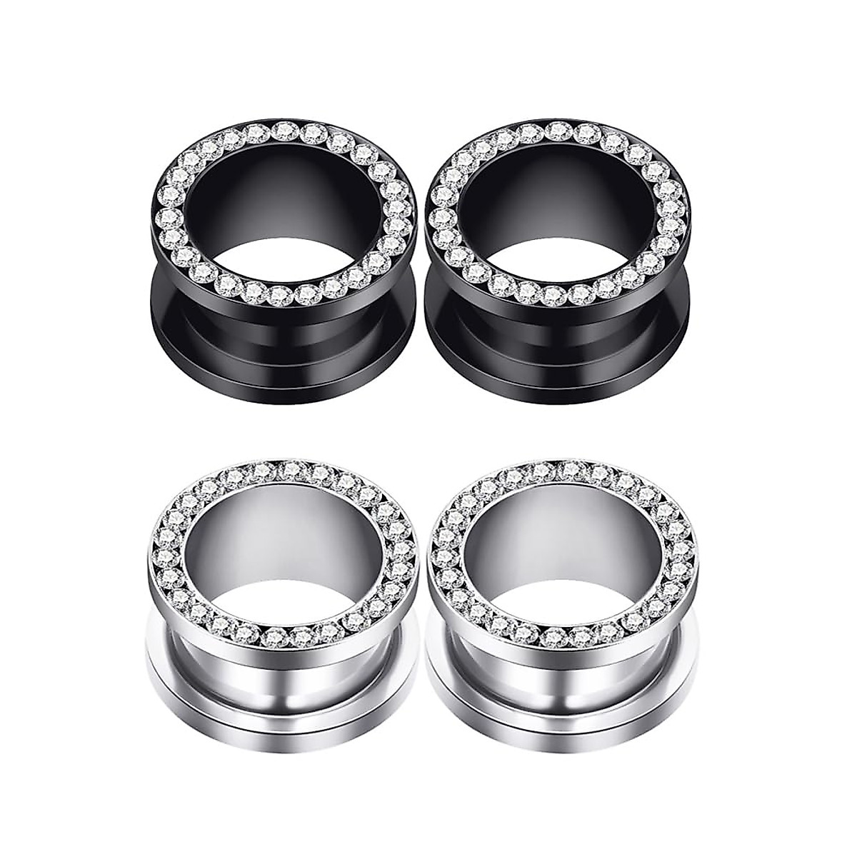 Longbeauty 4Pcs Black and Silver Stainless Steel with Zircon Stretcher Plugs Tunnels 0g