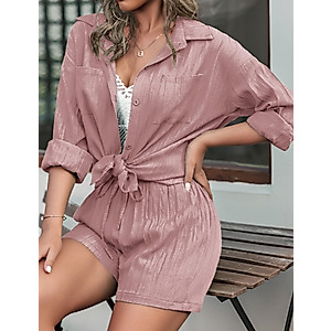 Ekouaer Women's V Neck Lounge Sets Button Down Shirt and Shorts 2 Piece Outfits Loungewear Pajama with Pockets Dusty Rose
