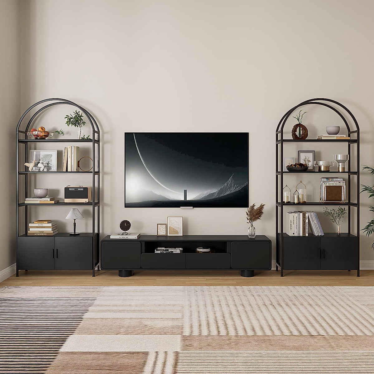 Jehiatek Arched Bookshelf, Bookcase with Doors Storage, 71 Inches Tall Industrial Book Shelf with Sturdy Metal Frame, E1 Quality Boards, Freestanding Display Shelving Unit, Black