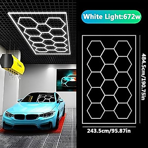 DHXYHQY LED Honeycomb Garage Light Fixture, Linkable Plug-in Ceiling Light, 6500K 14 Grid Hexagonal Light Set with Rectangle Frame for Garage, Detail Shop, Commercial Store, Office,Green Frame