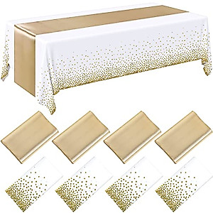 8 Pack Disposable Plastic Tablecloths and Satin Table Runner, 54 x 108 Inch Tablecloth, 12 x 108 Inch Table Runners for Wedding Graduation Birthday Baby Shower New Year Party (Gold)