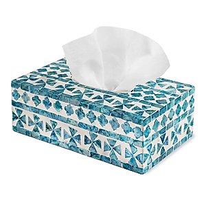 PEMAR Rectangular Mother of Pearl Lacquer Nacre Inlay Wood Tissue Box, Handmade Rectangle Tissue Box Cover Holder Decorative Napkin Dispenser Organizer Rustic Farmhouse Vintage Decor (Teal)