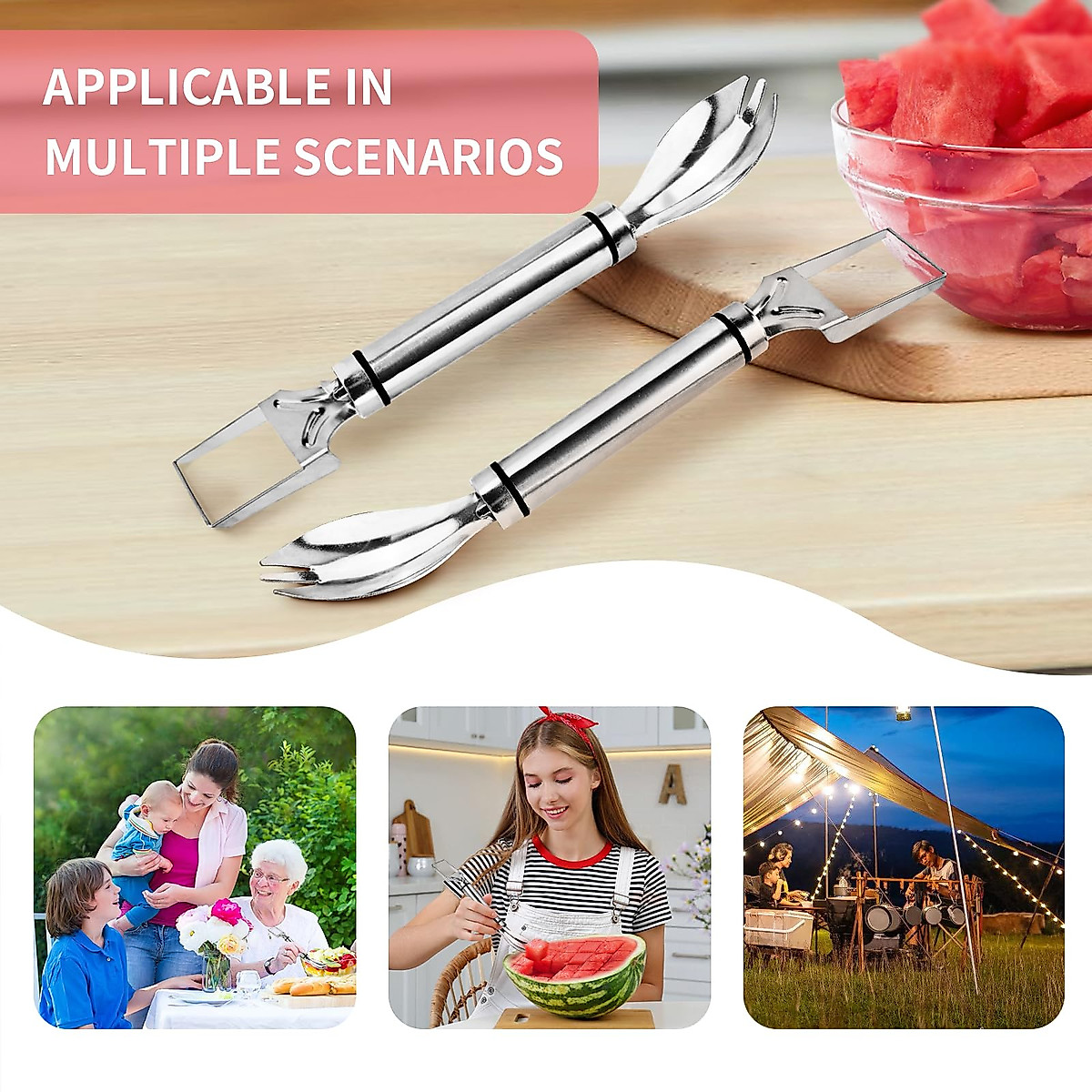 Watermelon Fruit Cutter Slicer Tool 3-IN-1,Stainless Steel Fruit Fork Spoon Knife Tool for Camping Outdoor Party (1PCS)