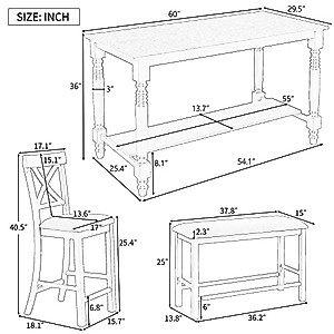 Merax 6-Piece Wooden Counter Height Rectangular Table Set with Bottom Shelf, 4 Chairs, and Padded Bench, Grey_Fabric Cushion