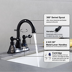 Derengge Two Handle Bathroom Sink Faucet Matte Black 3 Hole Bathroom Faucet with Overflow Pop up Drain, 360° Swivel Spout Sink Faucet 4 Inch Centerset Lavatory Faucet,F-4501-MT