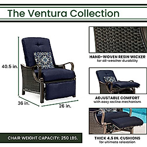 Hanover Ventura Modern Outdoor Wicker Reclining Lounge Chair with Thick Foam Weather-Resistant Navy Blue Cushions and Rust-Resistant Steel Frames, Luxury Furniture for Patio and Backyard
