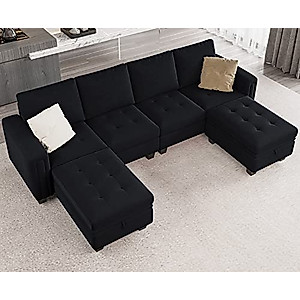 Belffin Velvet U Shaped Sectional Sofa Couch with Storage Ottoman Convertibel Sectional Sofa with Reversible Chaises Black
