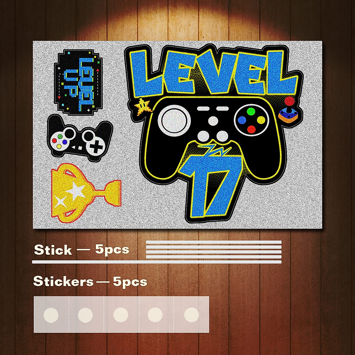 4PCS Level 17 Birthday Cake Toppers - Blue Glitter Video Game 17th Birthday Cake Picks - Boy's Birthday Gaming Theme Cupcake Toppers set - Level Up Winner Party Decoration Supplies