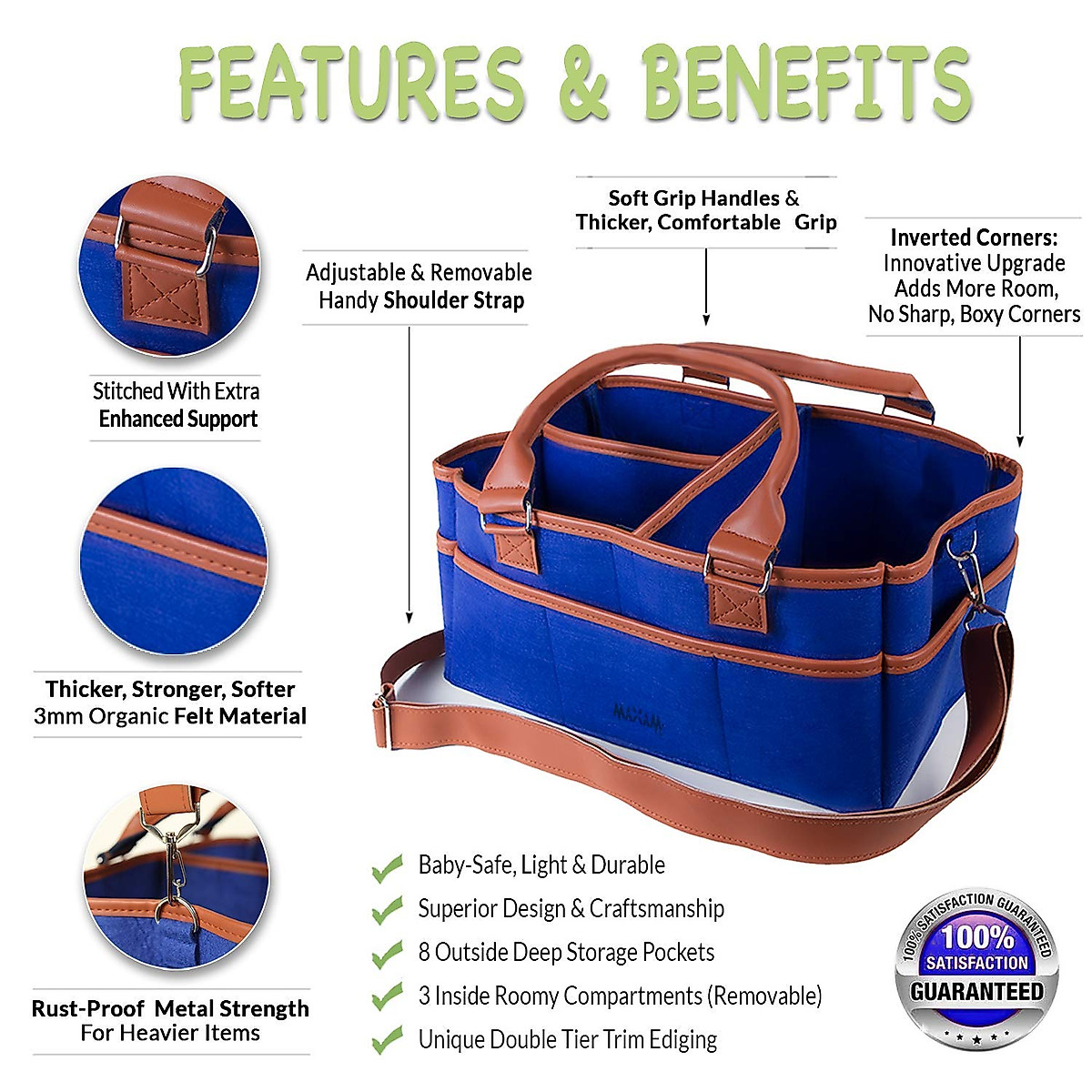 Baby Diaper Caddy Organizer Large with Shoulder Strap | Trendy Navy Blue Portable Nursery Storage Bin - Premium Quality Tote Bag For Newborn Essentials - For Infant Changing Table, Car, Home or Travel