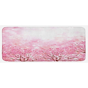 Ambesonne Pale Pink Kitchen Mat, Japanese Cherry Blossom Sakura Tree with Romantic Influence Nature Theme, Plush Decorative Kitchen Mat with Non Slip Backing, 47" X 19", Baby Pink