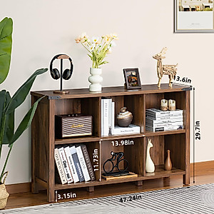 Joaxswe Farmhouse 6 Cube Book Shelf, Wood 3 Tier Storage Organizer Bookshelf, Brown Walnut 47" Horizontal Cubby Bookcase with Legs, Rustic Entryway Book Case, Long Display Cabinet for Bedroom, Office