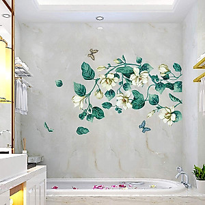 LiveGallery Removable Vinyl Fresh Green Leaf and White Flower Wall Sticker Murals Kids Girls Bedroom Nursery Rooms Wall Decals 3D Peel and Stick Decor for Home Living Room Offices Wall Corner