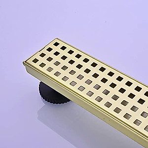 Nicmondo Linear Shower Drain 24 Inch, Bathroom Rectangular Floor Drain with Removable Cover Grid Grate, Adjustable Leveling Feet, Hair Strainer, SUS304 Stainless Steel Trench Drains, Brushed Gold