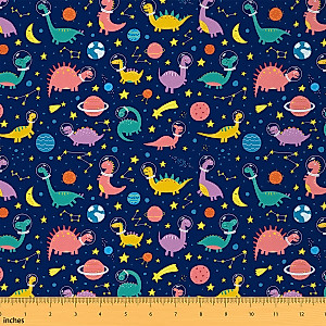 Dinosaur Upholstery Fabric, Kids Cartoon Animals Fabric by The Yard, Star Moon Planet Outer Space Decorative Fabric, Funny Dino Astronaut Indoor Fabric, DIY Waterproof Fabric Quilting,1 Yard,Blue