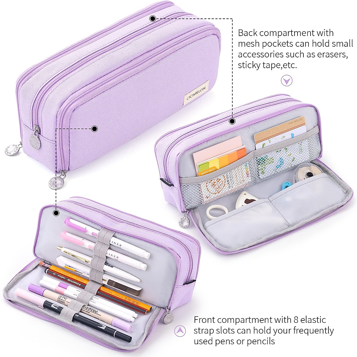 CICIMELON Large Capacity Pencil Case 3 Compartment Pouch Pen Bag for School Teen Girl Boy Men Women (Purple)
