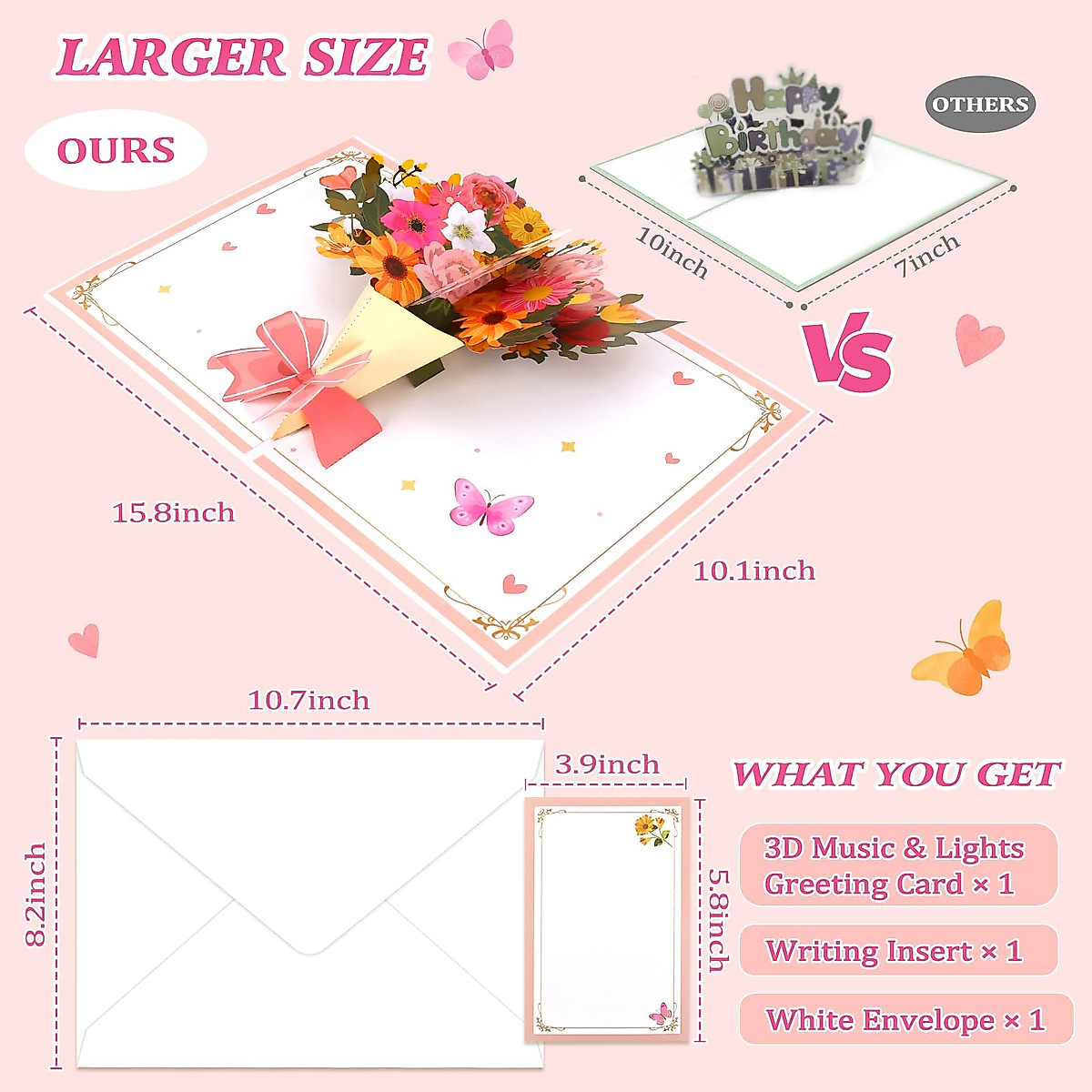 FITMITE Pop-up MUSIC & LIGHTS Birthday Card, 3D Flowers Butterfly Get Well Soon Thank You Anniversary Card and Gifts for Women Wife Girlfriend Mom Sister Firend