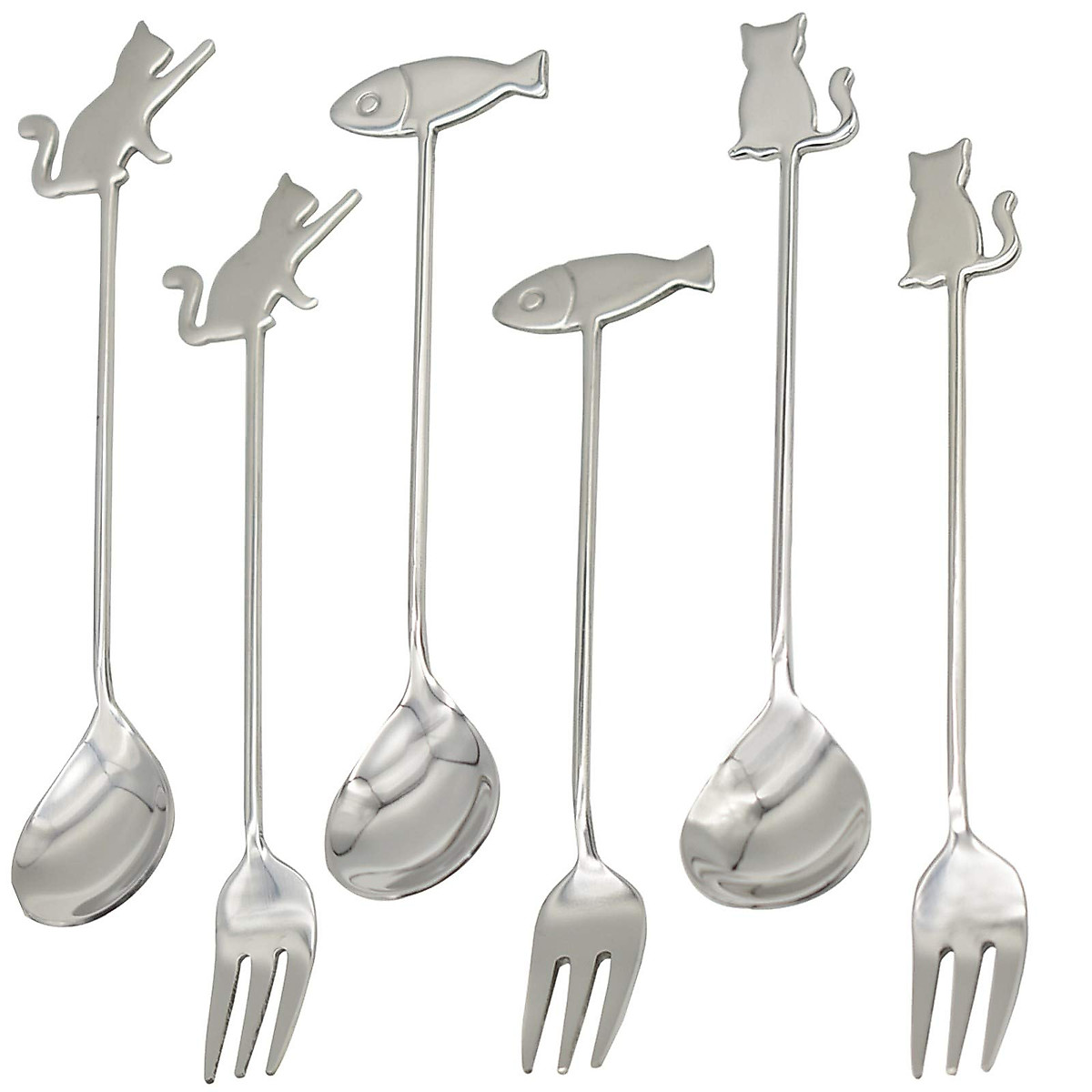 Maydahui 6PCS Cat Fish Spoon and Fork Cute Coffee Animal Spork 5.8 inch 18/10（304）Stainless Steel Teaspoon Dessert Drink Sugar Spoons Fruit Forks Tableware
