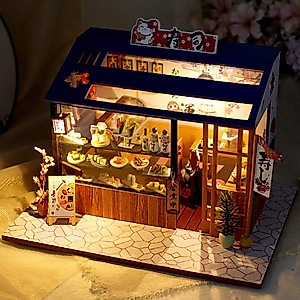 SYW Miniature Dollhouse with Furniture and LED Lights, Japanese Model Kit Wooden Dollhouse, 1:24 Scale Wooden Handmade Building Model Puzzle Toy(Sushi Shop)