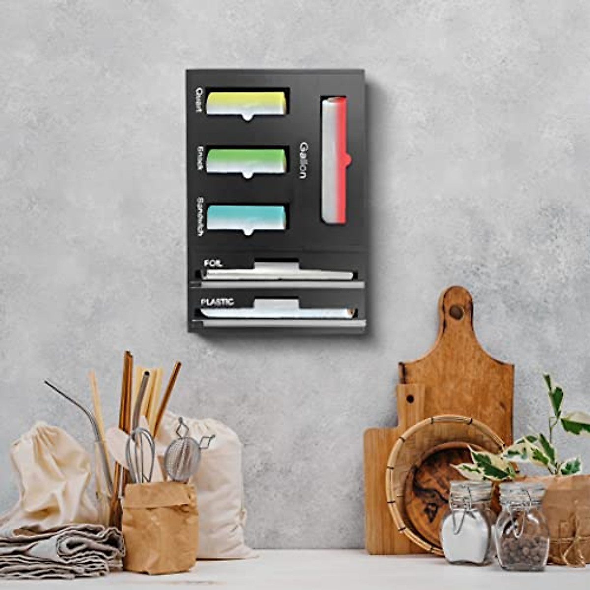 TWG Bamboo Ziplock Bag Organizer for Drawer, 6 in 1 Foil and Plastic Wrap Dispenser with Cutter, Compatible with Gallon, Quart, Sandwich and Snack Variety Size Bag