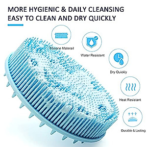 BEAUTAIL Silicone Body Scrubber, 2 in 1 Shower Bath Wash and Hair Shampoo Brush, Gentle Exfoliating Scrub Cleansing Loofah for Women Men Baby Sensitive Skin, Easy to Clean, Lather Nicely, 1 Pack, Blue