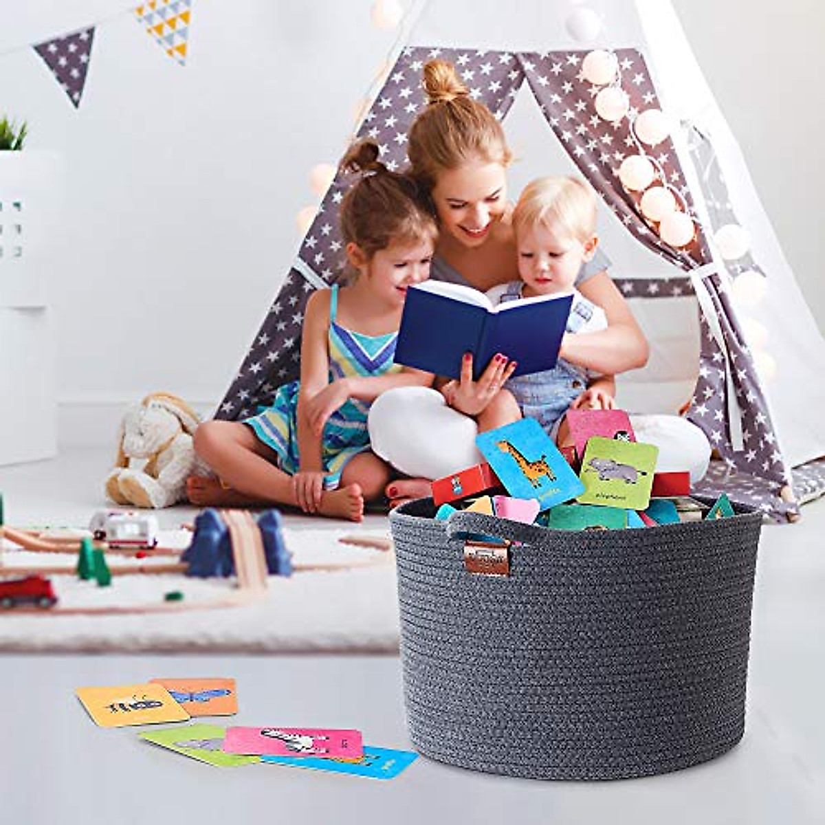 Rope Baskets Extra Large Storage Baskets Cotton Rope Woven Nursery Bins (15"x10", Dark gray)