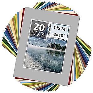 Mat Board Center, Pack of 20 11x14 MIXED COLORS White Core Picture Mats for 8x10 Photos pictures and prints.
