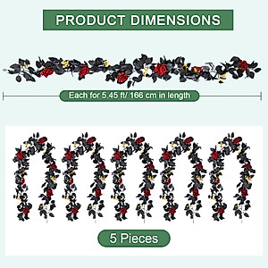 Zeyune 5 Pcs Halloween Artificial Black Rose Vine Fake Floral Wall Hanging Ornaments Dark Flower Floral Vines Decorative Black Rose Garland with Golden Berries and Black Leaves for Home Wedding Party