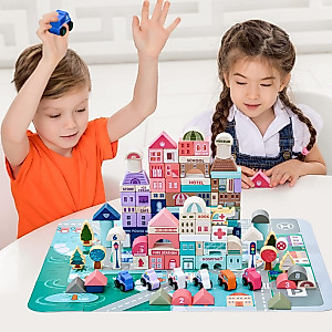 Xylolin Wooden Building Blocks Set, 115 Pieces City Construction Stacking Blocks Toys, Preschool Learning Educational Toys Boys Girls Age 3 4 5 6 Years Old