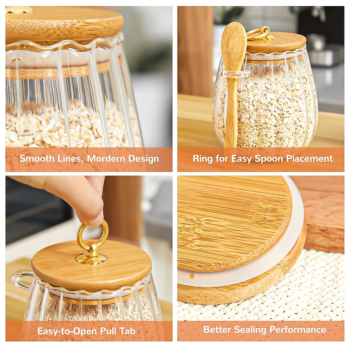 Pinkunn Set of 4 Glass Stripe Jar Glass with Bamboo Spoons 20 Fl oz Overnight Oats Containers with Lids Coffee Sugar Container Set for Kitchen Food Storage Coffee Tea Sugar