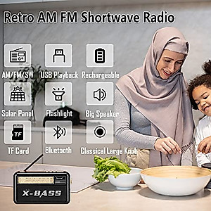 G Keni Retro Shortwave Radio Portable AM FM with Rechargeable Battery Operated, Bluetooth Vintage Radio Strong Reception, AUX/USB/TF Card Input, Solar Panel, Large Knob, Big Speaker, Emergency Light