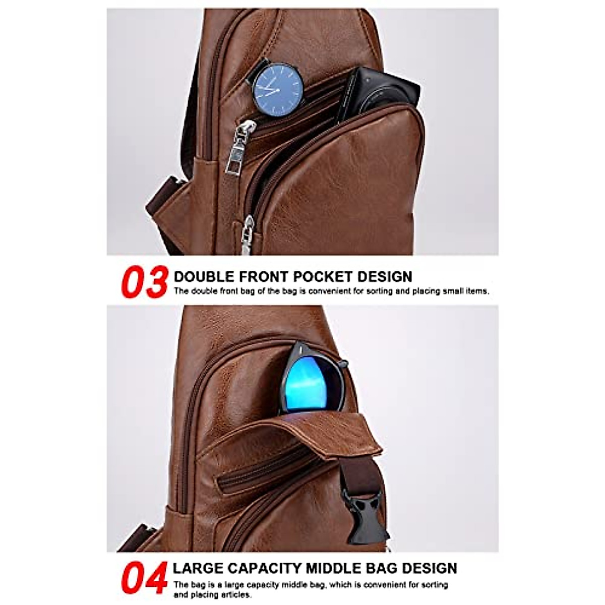 successthop Leather Sling Backpack with USB Charging Port Multi-pocket Chest Bag Travel Gym Sport Hiking (Brown)