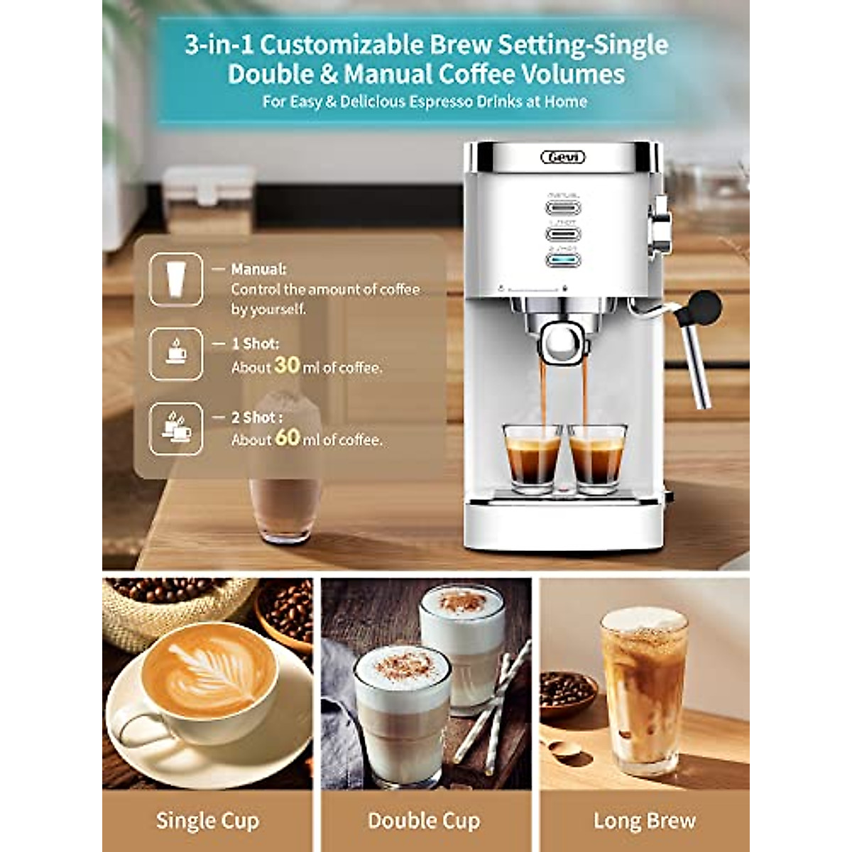 Gevi Espresso Machines 20 Bar Fast Heating Commercial Automatic Cappuccino Coffee Maker with Foaming Milk Frother Wand for Espresso, Latte Macchiato, 1.2L Removable Water Tank