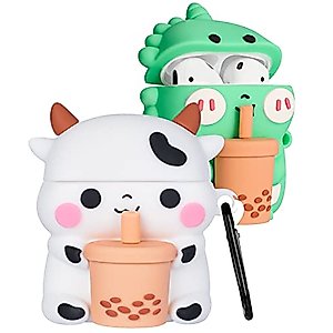 2 Pack Gkv for Airpods 2/1 Case for Airpod Cover Cartoon Funny Fun Kawaii Cute Unique 3D Cool Character Fashion Girly Design Air Pods 2nd/1st Silicone Cases for Girls Teen Boys Kids(Boba Cow&AUR)