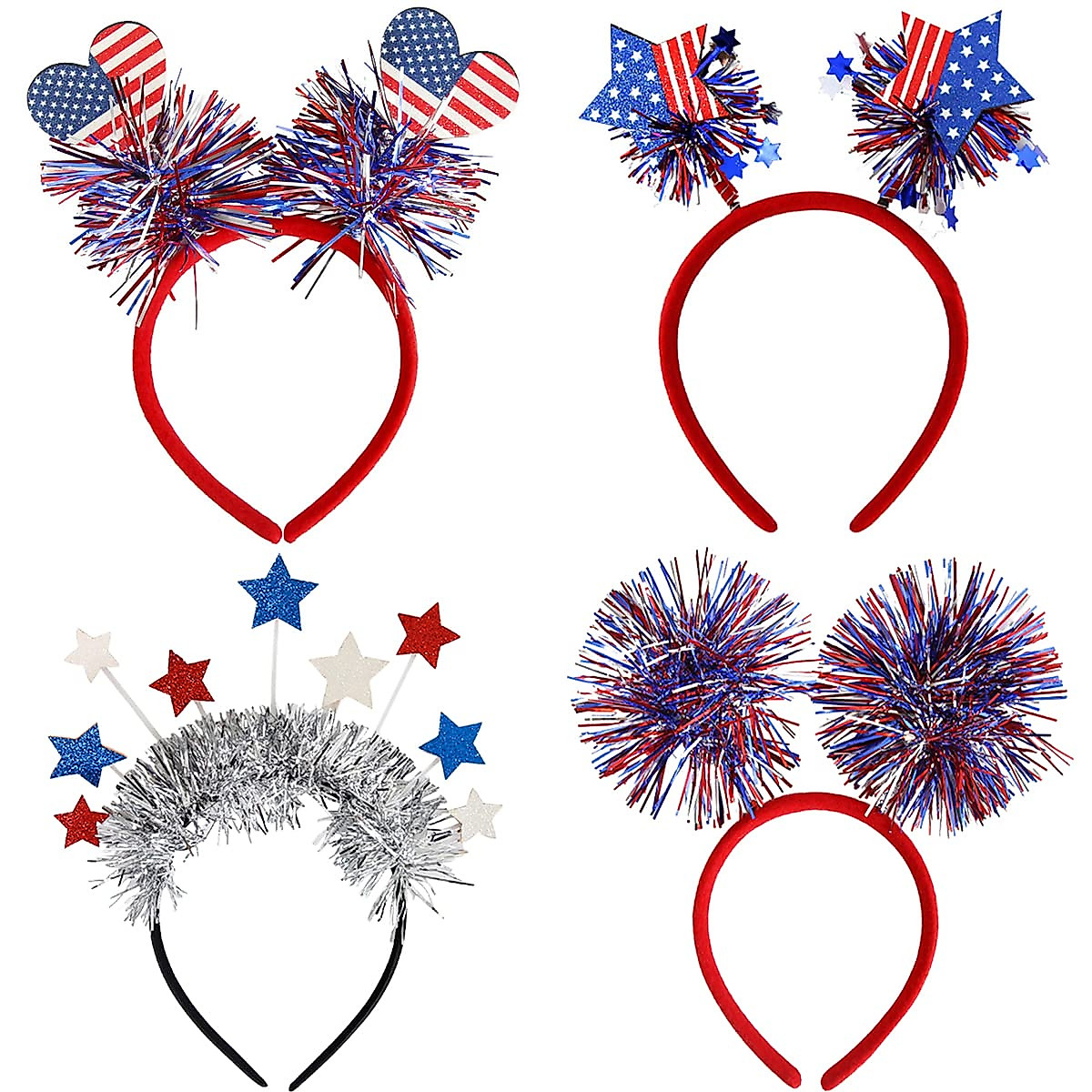 DIUEWOW 4PCS Patriotic Head Boppers Headband 4th of July Party Favors Star Love Heart Flashing Design Independence Day Hair Accessories Headwear for Veteran's Day and Memorial Day