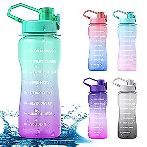 Y&3 64oz Half Gallon Water Bottle with Straw & Time Marker, Leakproof, BPA Free Tritan Water Jug, Motivational Water Bottle with Handle, For Outdoor, Fitness, Gym (Green/Purple Gradient, 64oz)
