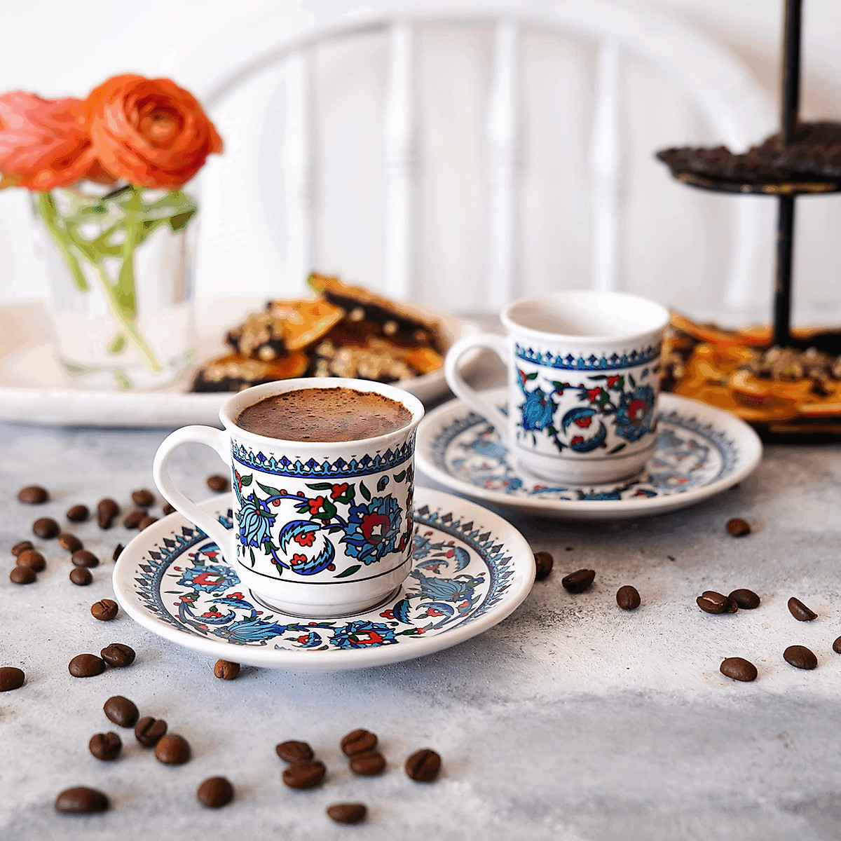 Turkish Coffee Cup Set - Turkish Coffee Cups Set of 2 with Saucers and Cup Holder for Home Office, Ceramic Keeps Coffee Warm, Dishwasher-safe, Create happy times with the patterned coffee mug set.