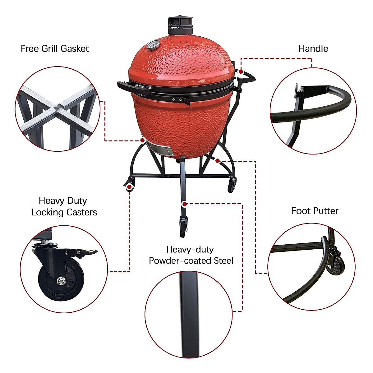 Rolling Cart with Handle+Foot Putter for Kamado Je Big Joe Accessories,Rolling Cart with Heavy Duty Locking Caster Wheels Powder Coated Steel Rolling Outdoor Cart for Kamado Big Joe Grill Stand