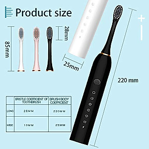 Sonic Electric Toothbrush Rechargeable Ideal for Adults Children, 6 Optional Modes IPX7 USB Fast Charging Electric Ultrasonic Toothbrush with 2 min Build in Timer & 4 Replacement Brush Heads（Black）