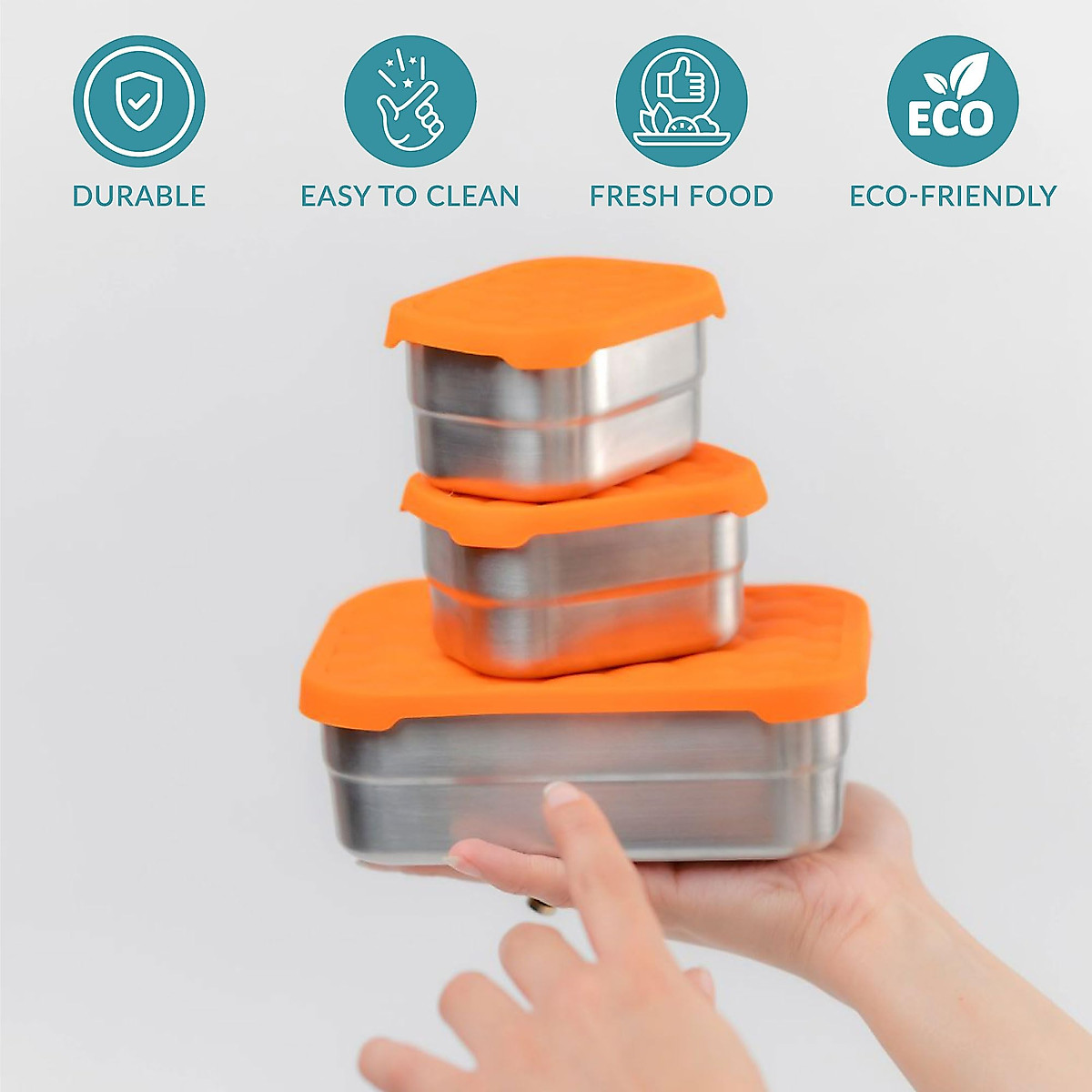 Kichenly Stainless Steel Lunch Box Containers with Silicone Lids – One 25oz and Two 8oz Containers Set – Lunch Box for Kids, Toddler Snack Containers – Perfect for School (Orange)