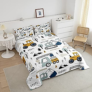 Cartoon Car Kids Comforter Set Construction Bedding Set Decor Equipment Trucks Comforter Cartoon Car Excavator Tractor White Yellow Duvet Set Bedroom Quilt Set 3Pcs Full