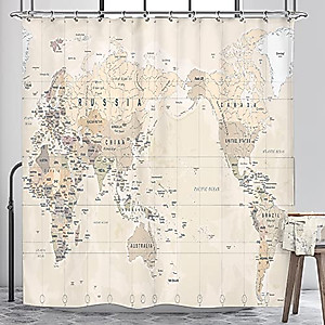 Riyidecor World Map Shower Curtain Travel Educational Vintage Geography Retro Countries Capital The Earth Decor Bathroom Fabric Set Polyester Waterproof Fabric 72Wx72H Inch 12 Pack Plastic Hooks