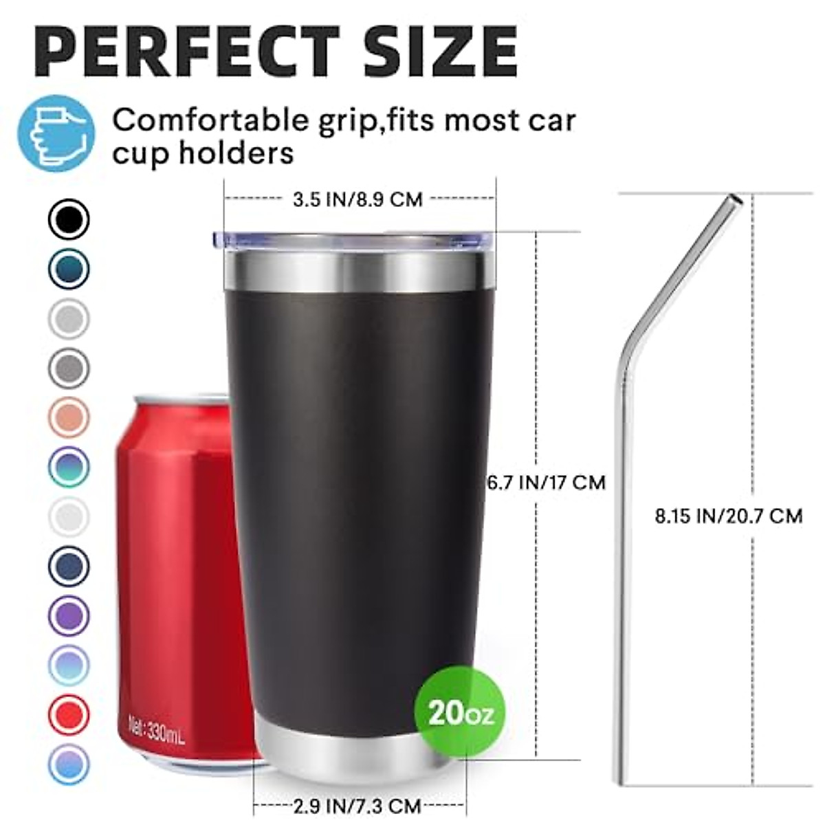 Volhoply 20oz Stainless Steel Tumbler with Lid and Straw,Double Wall Insulated Travel Iced Coffee Mug Fits Car Cup holder,Powder Coated Cups for Hot and Cold Drinks,Gifts for Women Men（Black,1 Set）