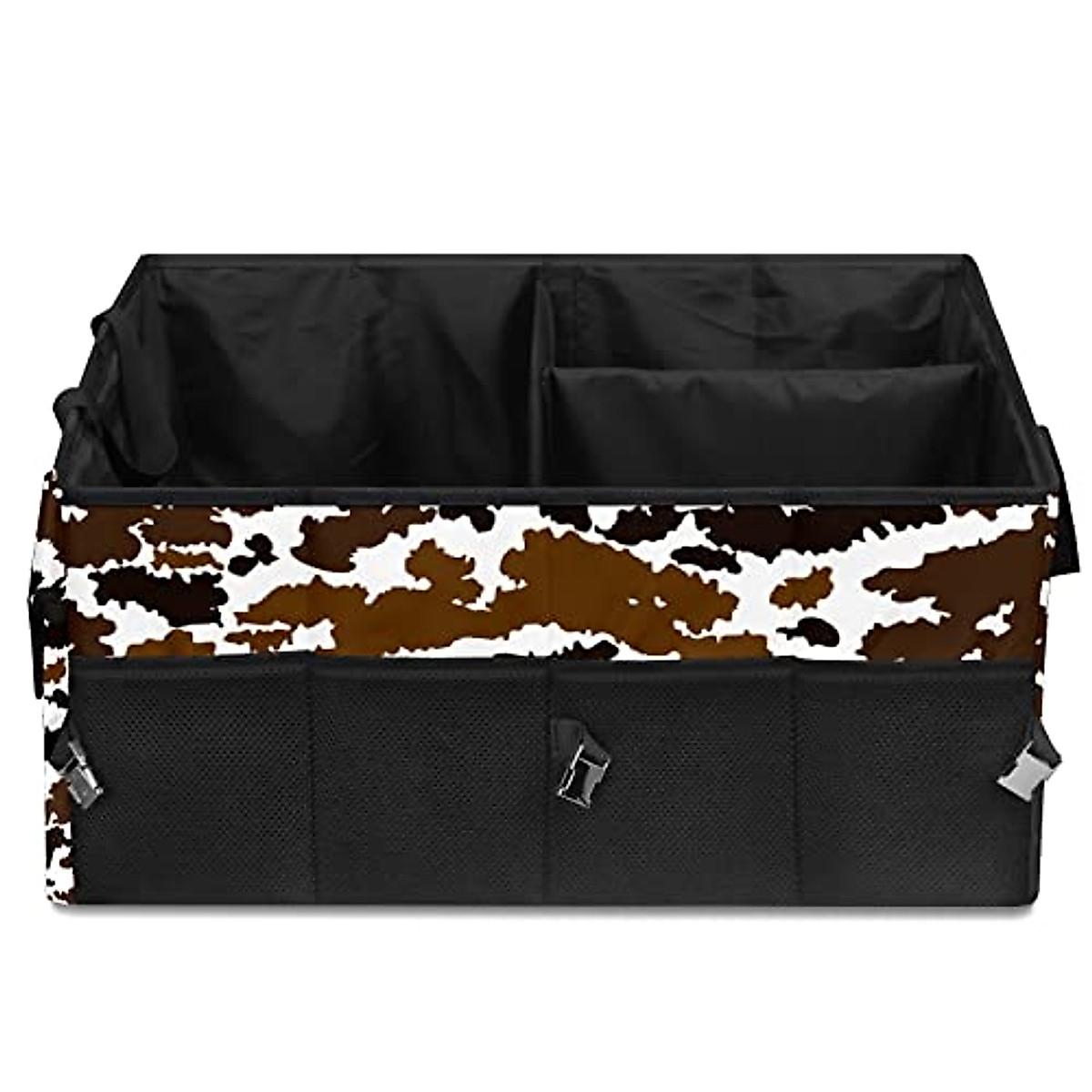 Western Black Brown Cow Print Car Trunk Organizer,Collapsible Cargo Storage Tote Bag,Non Slip,3 Divider Compartments, Automotive Interior Accessories for Auto SUV Truck Vehicle Picnic Camping