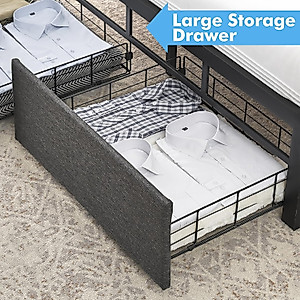 GAOMON Upholstered Bed Frame Queen with 2 Storage Drawers, Button Tufted Headboard and LED Lights, Queen Bed Frame with Mattress Foundation Strong Wooden Slats Support, No Box Spring Needed