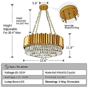 Fitsai Modern Gold Crystal Chandelier Light with Remote Control, Dimmable Round LED Pendant Light, Ceiling Light Fixtures for Dining Room Living Room Bedroom Variable Light