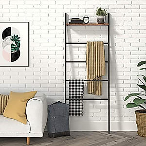 HOOBRO Towel Rack, 5-Tier Blanket Ladder, Wall Leaning Ladder Shelf, Blanket Rack with Shelf, 25.2" Wide Decorative Ladder for Bathroom, Rustic Brown BF73CJ01G1