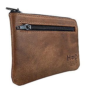 Hide & Drink, Zippered Pouch Handmade from Full Grain Leather, Compact Bag for Coins, Small Personal Items, Cash & Card Holder - Bourbon Brown