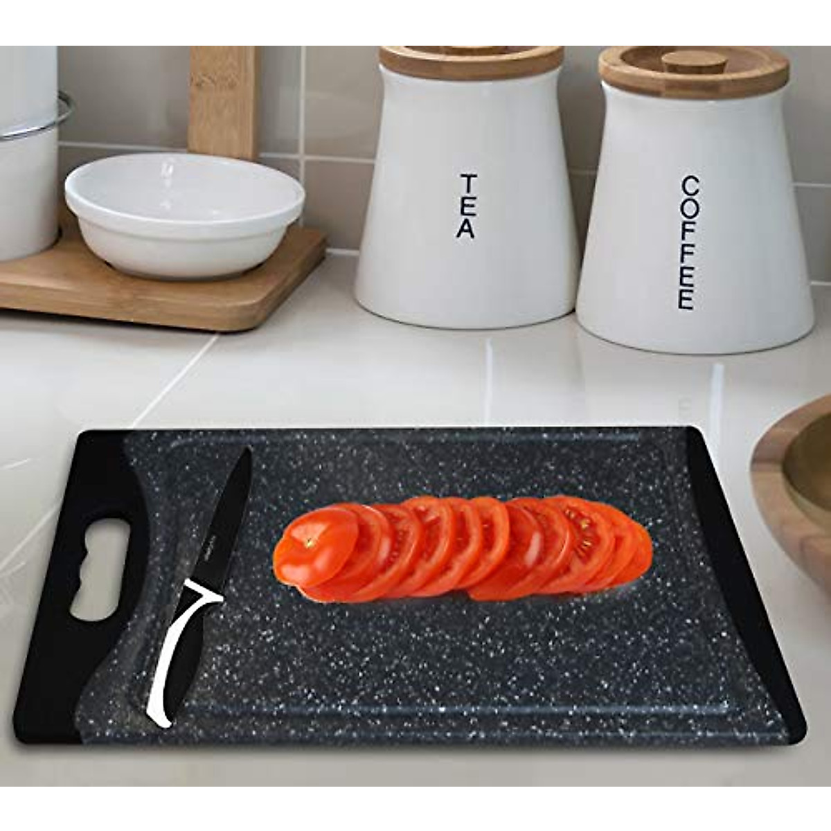 CHEF GRIDS Durable Plastic Cutting Board Set, Chopping Board Thick Plastic, for Vegetable Meat or Cheese with Non-Slip Feet and Handles with Juice Groove (Black)