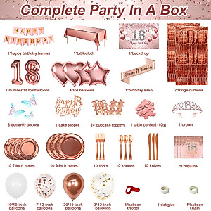 HJINGY 18th Birthday Decorations for Girls, Rose Gold Party Decorations Include Balloons, Backdrop, Curtains, Banner, Sash, Crown, Tablecloth, Plates, Cake Toppers for Women Girls Princess Queen Party