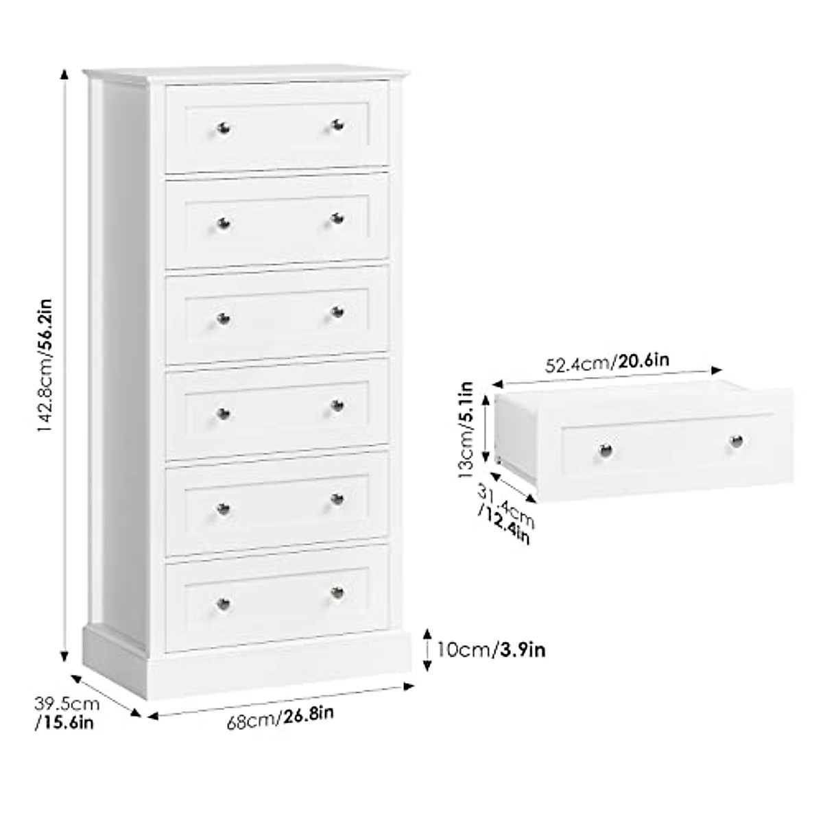 FACBOTALL 6 Drawer Dresser, Tall White Dresser for Bedroom with Mental Double Handles, Chest of Drawers for Clothes Storage Cabinet Hallway Living Room